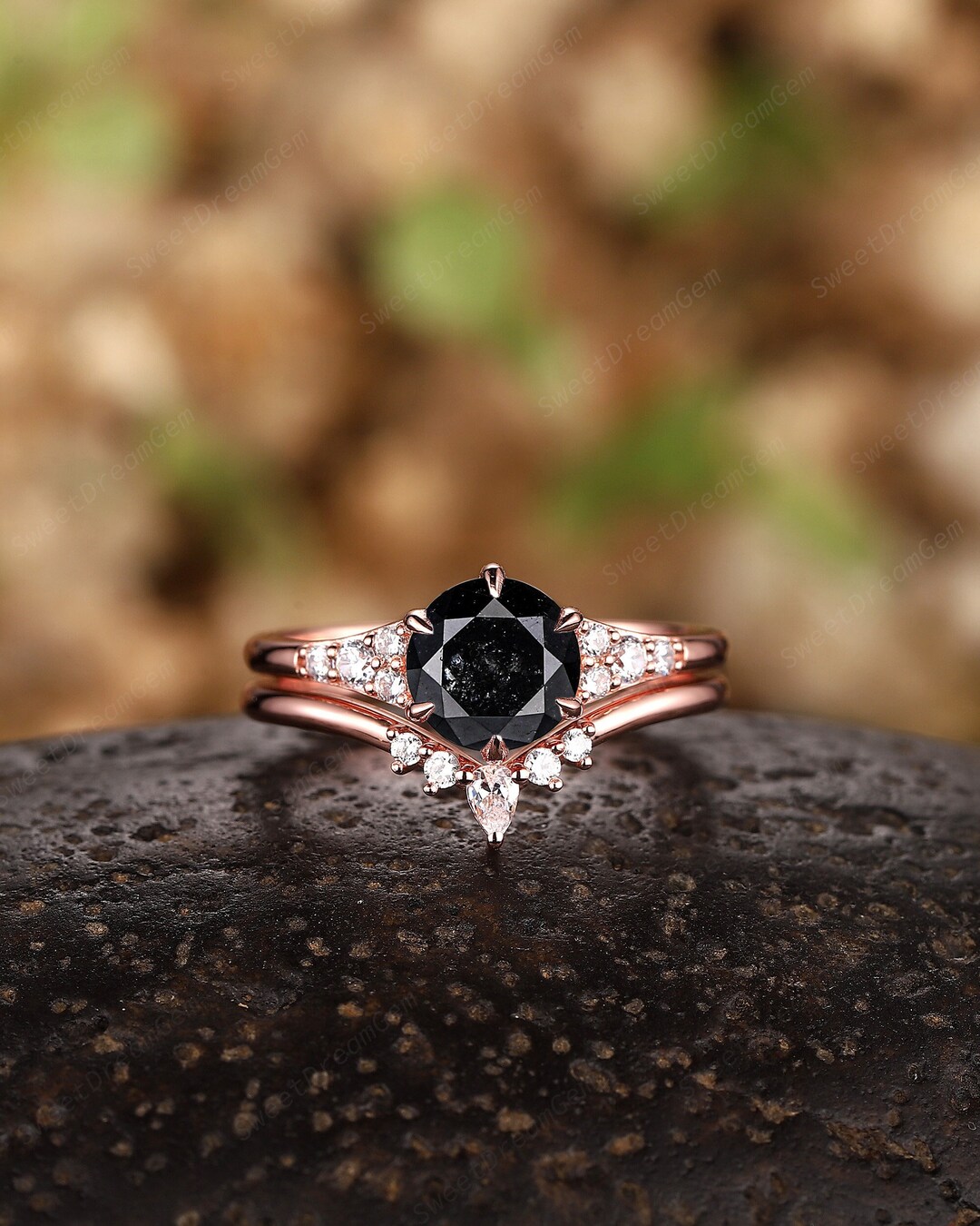 1.5 CT Round Shape Natural Black Diamond Engagement Ring Set, 18K Rose ...