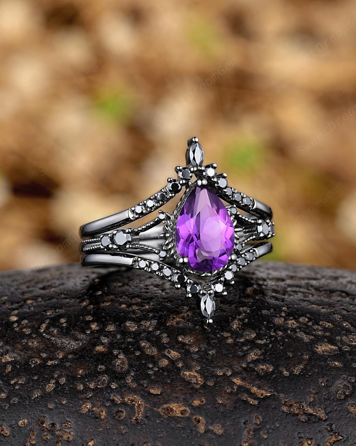 Pear Shaped Amethyst Engagement Ring Set 3pcs Black Gold Milgrain Split ...