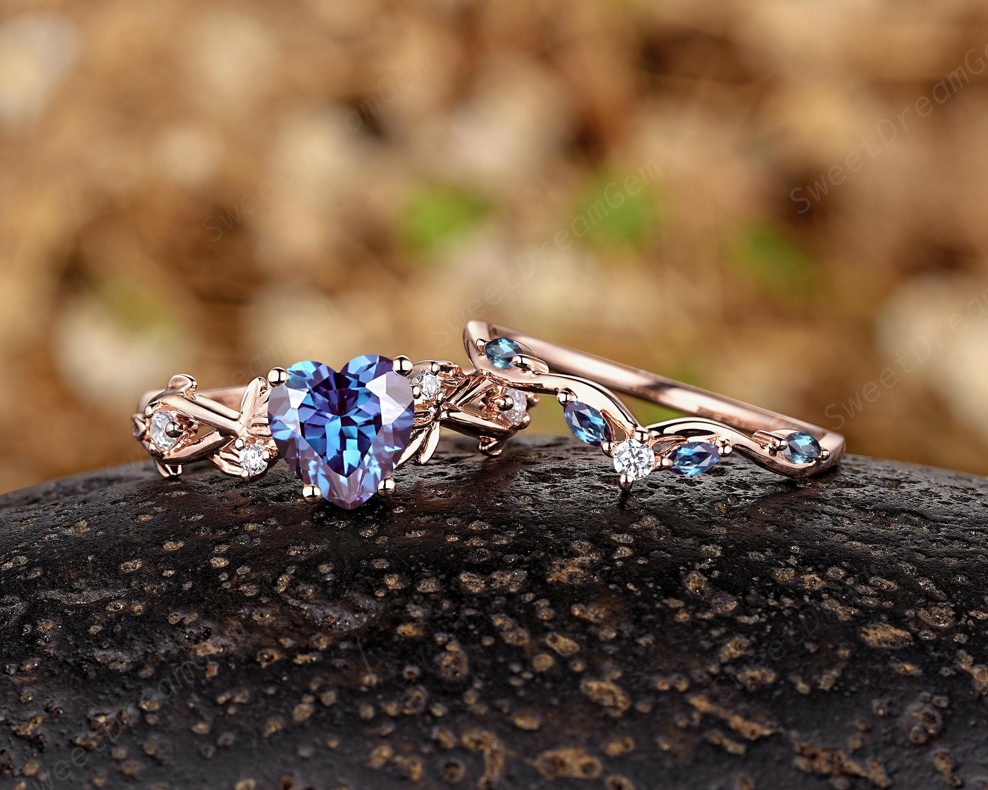 Heart Cut Alexandrite Engagement Ring Set 14k Gold Leaf Nature Inspired ...