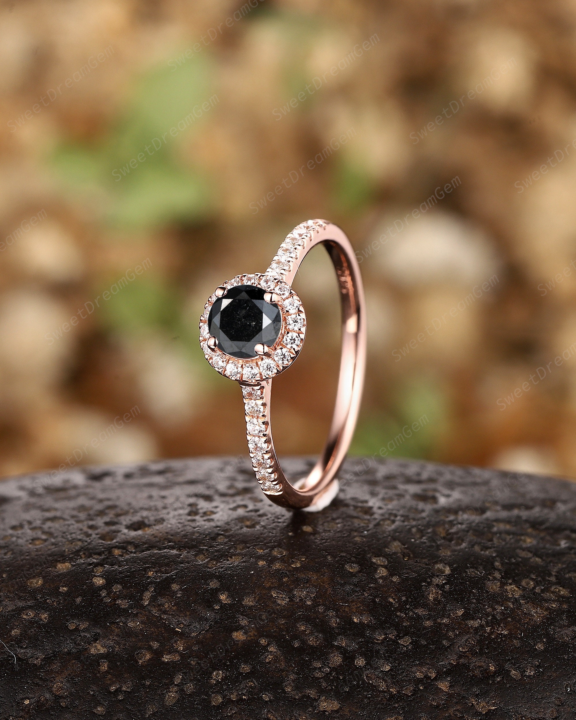 0.5 CT Natural Black Diamond Halo Engaement Ring, Unique 14K Rose Gold ...