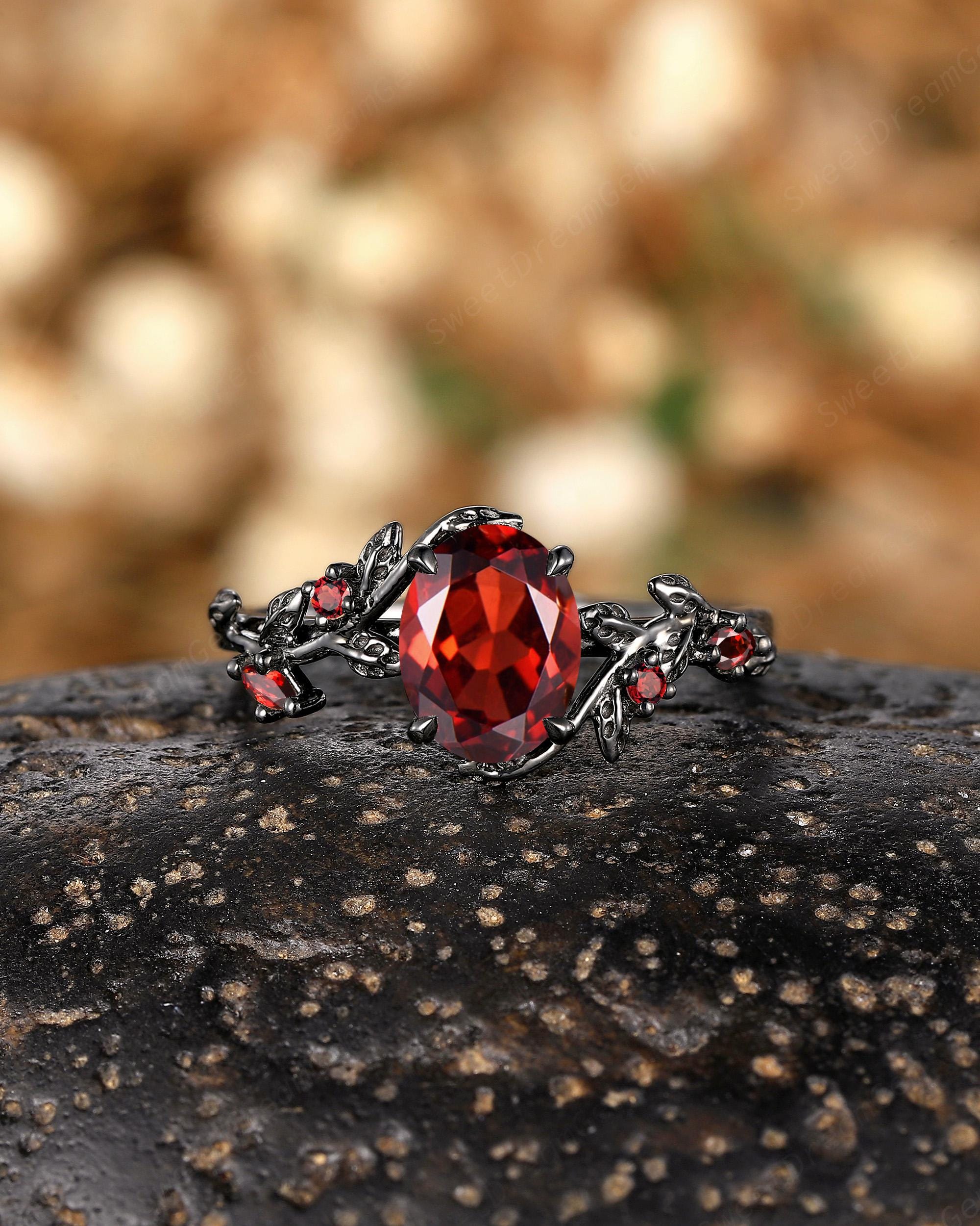 6x8mm Oval Cut Garnet Wedding Ring Set Black Gold Leaf Floral Nature ...