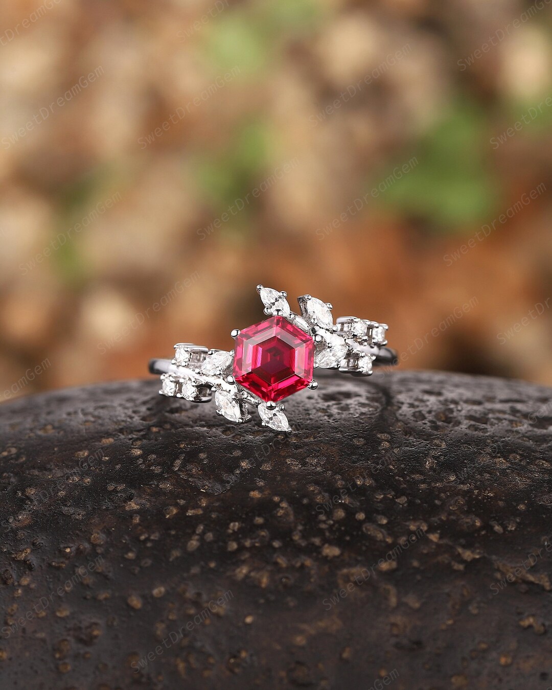 Vintage Hexagon Ruby Leaf Engagement Ring, Unique 14K White Gold Marquise Moissanite Promise ...