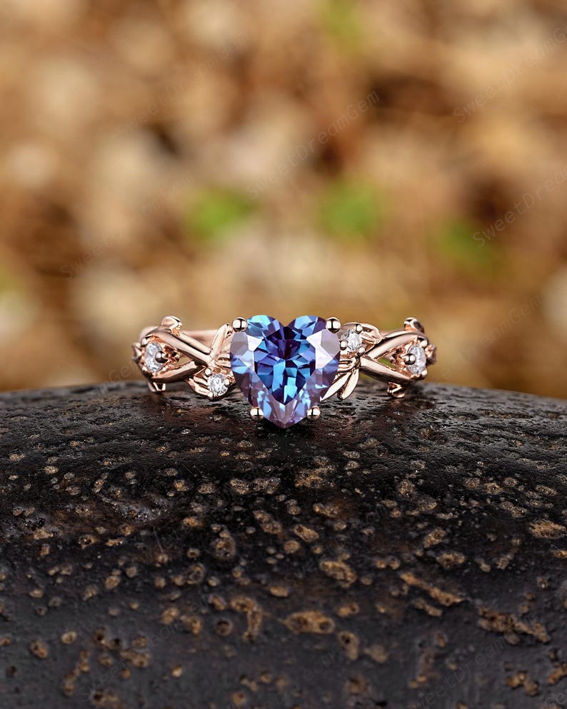 Heart Cut Alexandrite Engagement Ring Set 14k Gold Leaf Nature Inspired ...