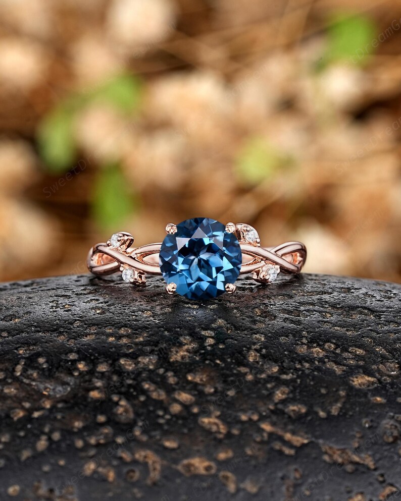Round London Blue Topaz Engagement Rings Set 14k Gold Twig Branch Women ...