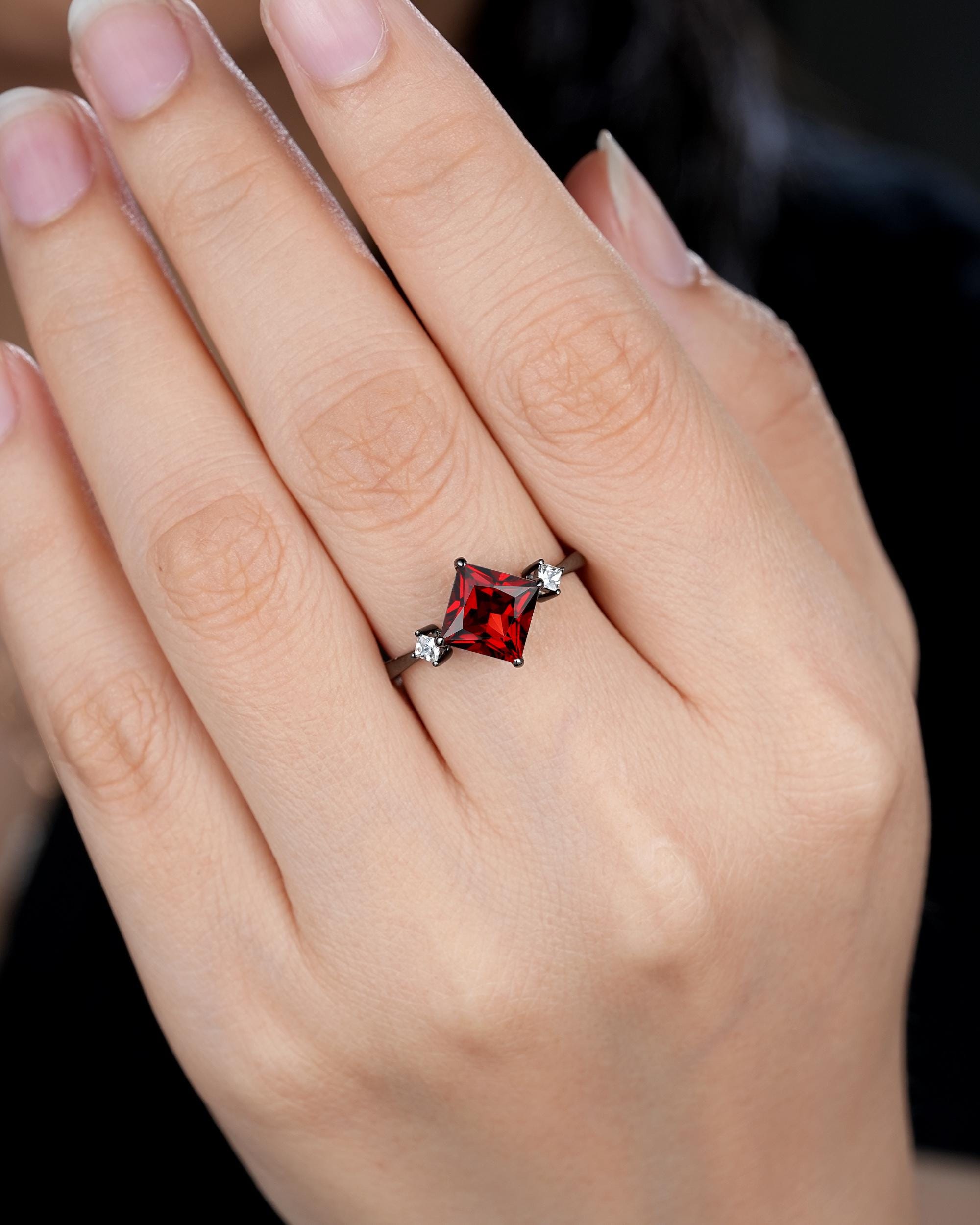 Princess Cut Garnet Engagement Ring, Black Gold Three Stone Wedding ...