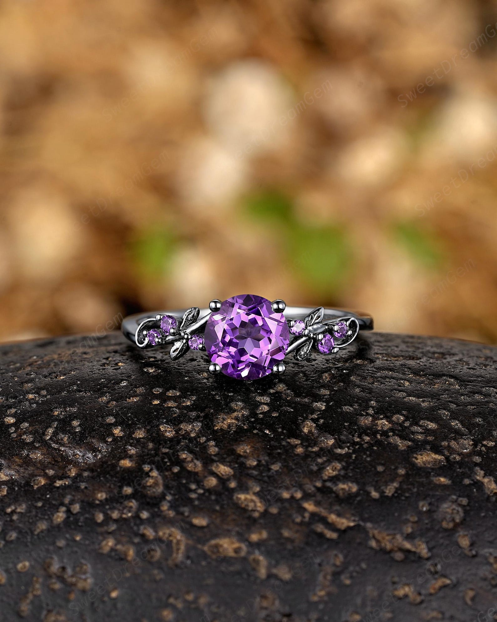 Antique Round Amethyst Engagement Ring Black Gold Leaf Nature Inspired ...