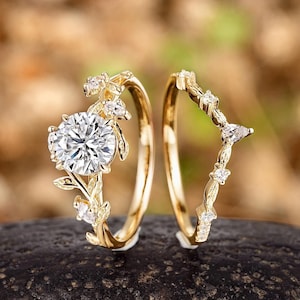 Round Moissanite Engagement Ring Set 14k Rose Gold Leaf Floral Wedding ...