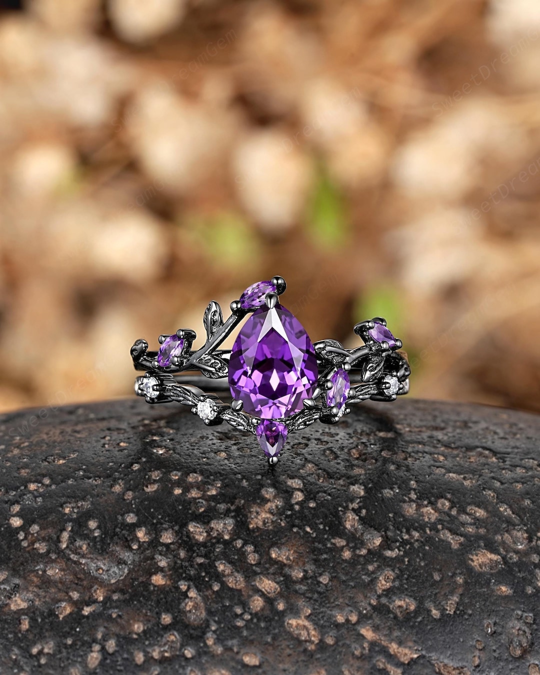 Pear Purple Sapphire Engagement Ring Set Gothic Black Gold Leaf Floral ...