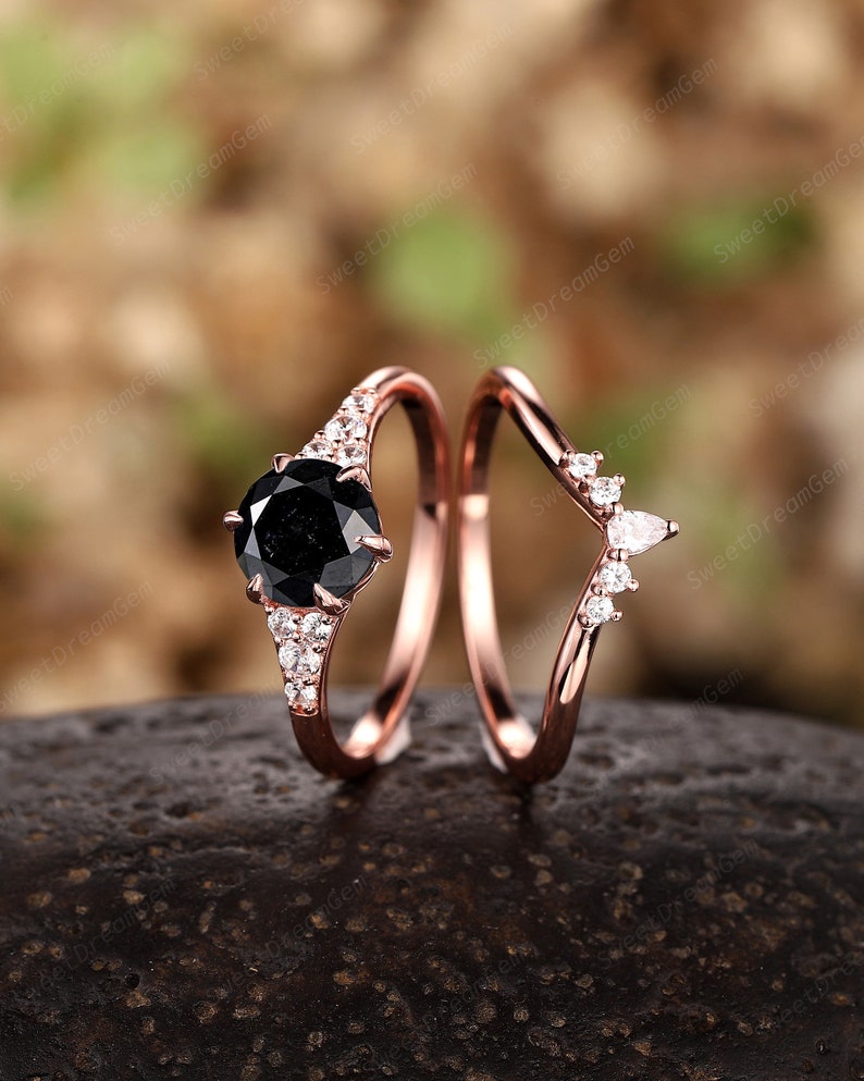 1.5 CT Round Shape Natural Black Diamond Engagement Ring Set, 18K Rose ...
