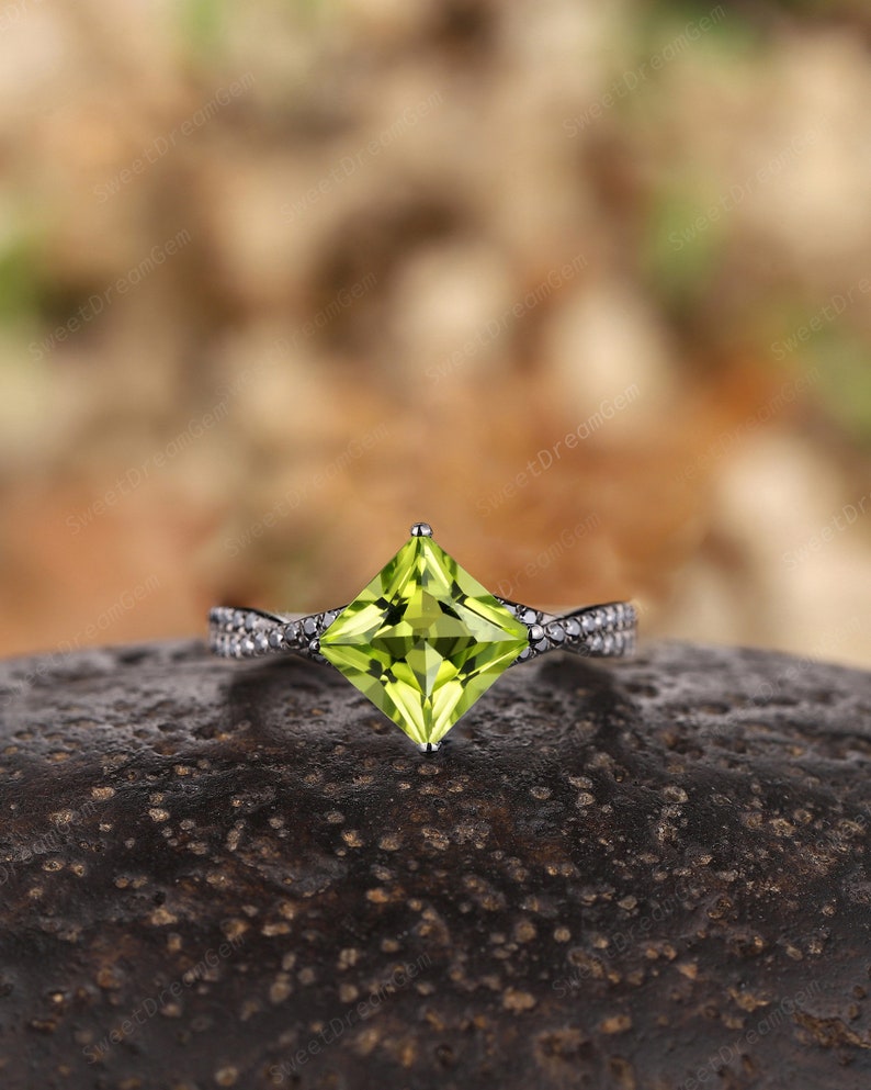 Princess Cut Peridot Engagement Ring Set Minimalist Black Moissanite ...