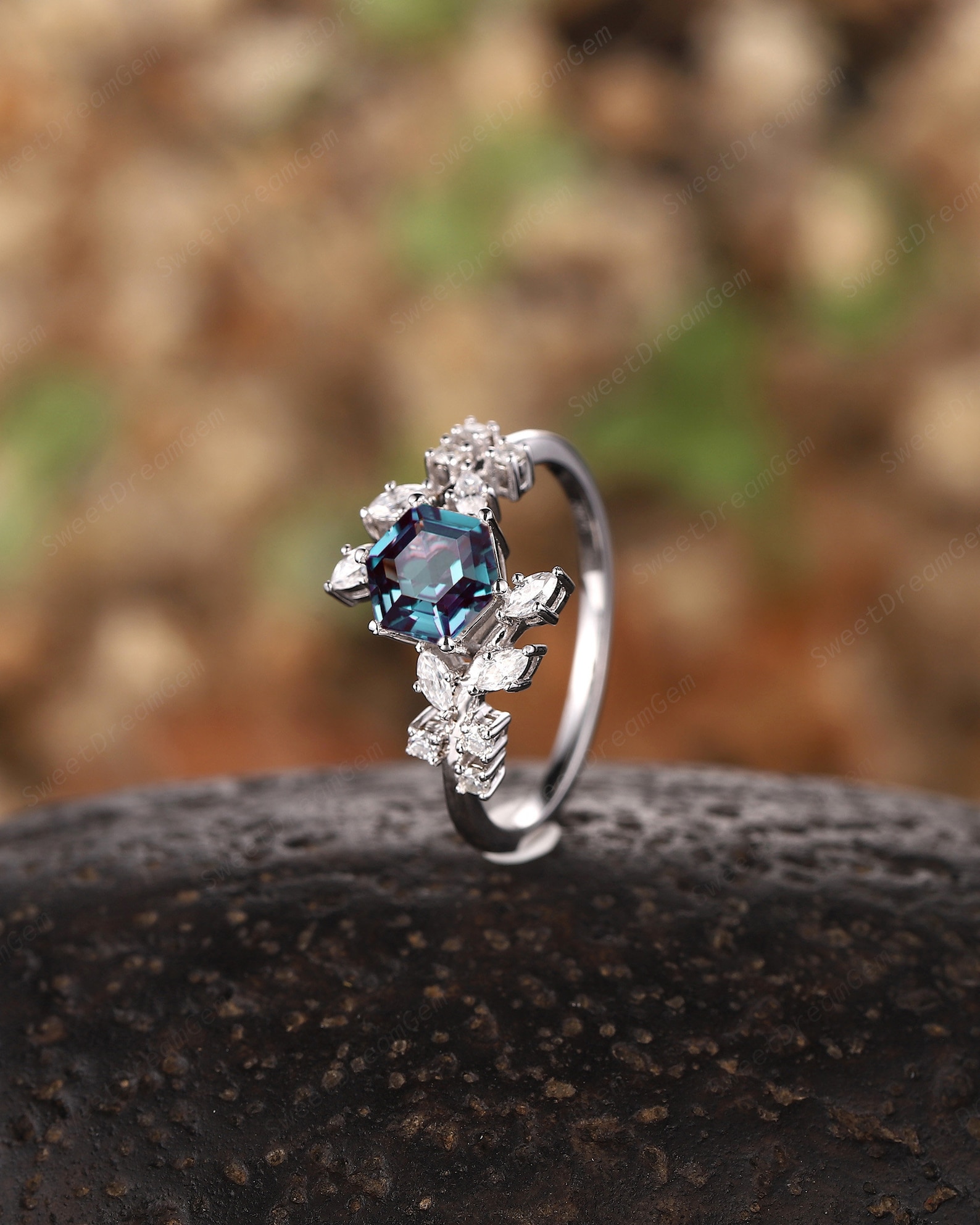 Vintage Hexagon Alexandrite Leaf Engagement Ring Unique 14K White Gold ...