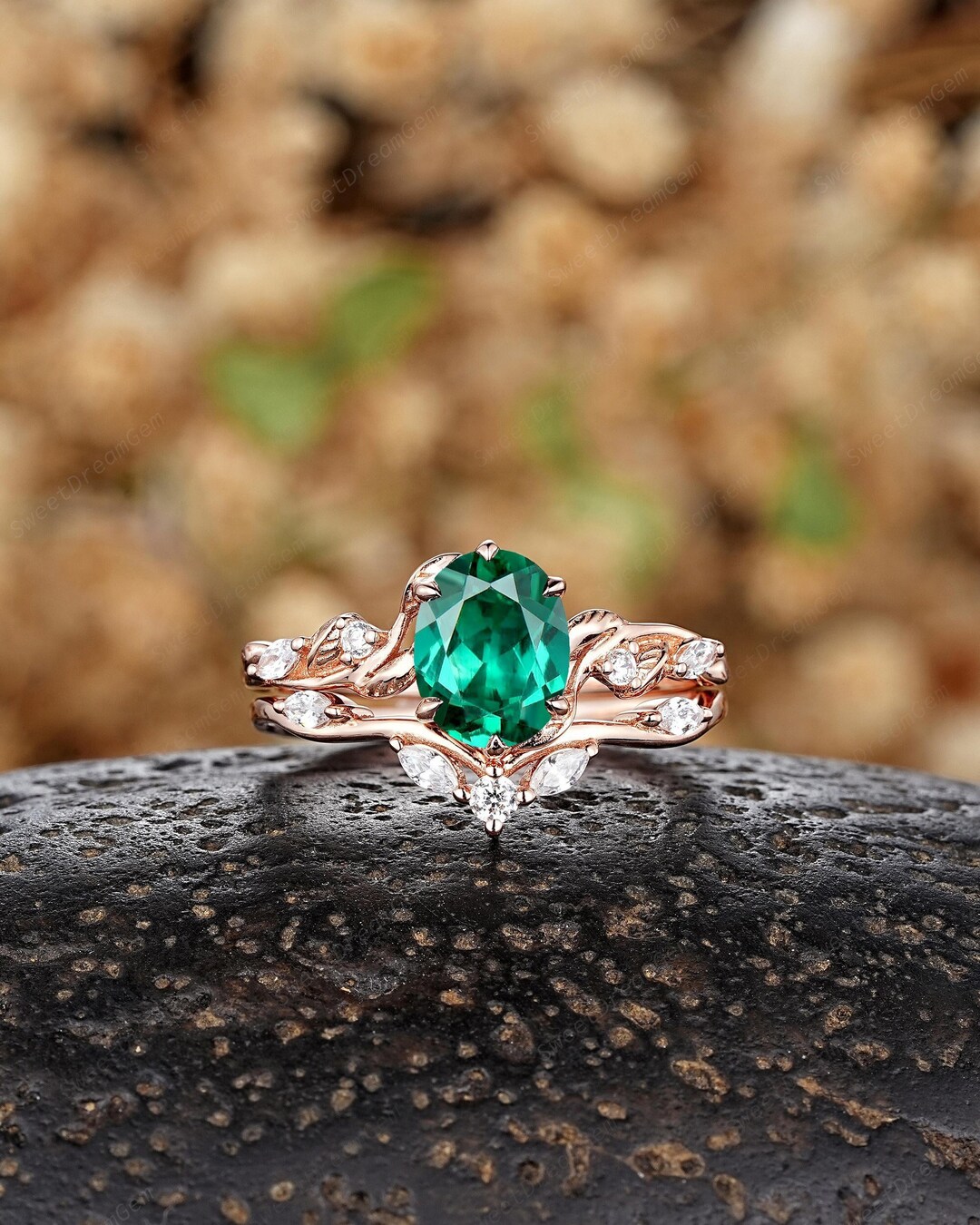 Oval Emerald Leaf Engagement Ring Set 14kgold Moissanite Promise Rings ...
