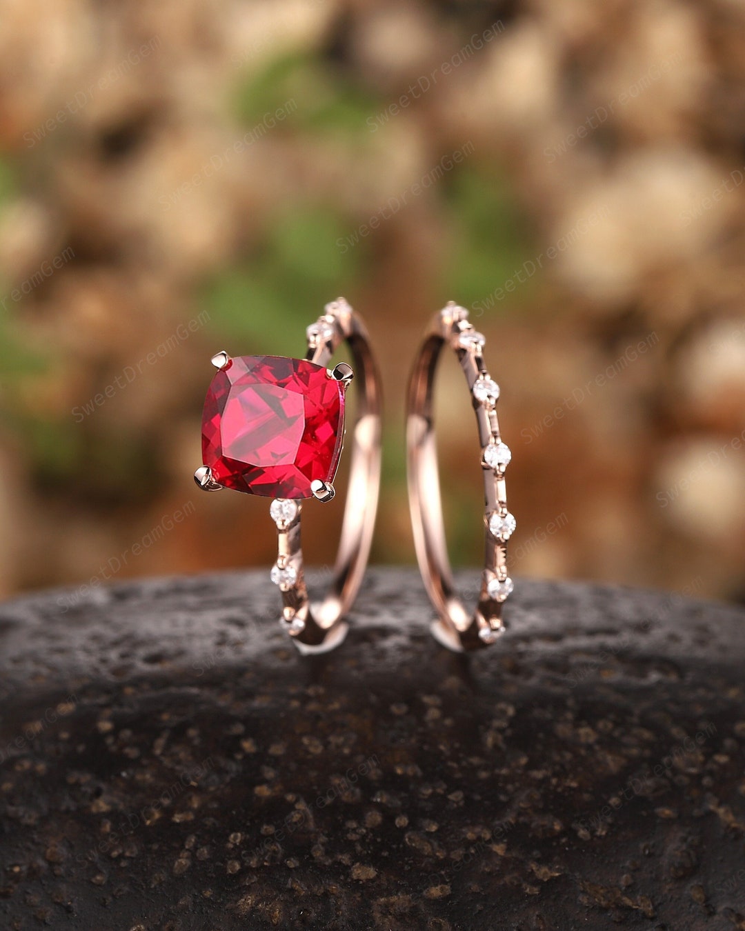 Vintage Cushion Cut Ruby Bridal Set, Unique 14K Rose Gold Ruby Wedding ...