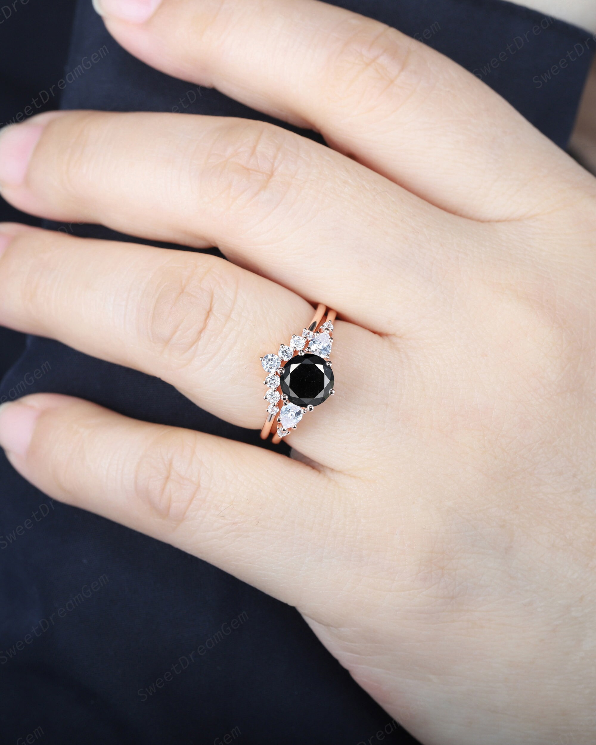 1.5 CT Round Shape Black Diamond Engagement Ring Set, 18K Rose Gold ...