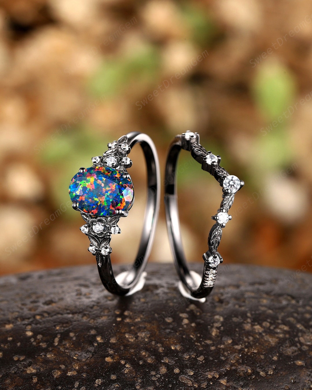 14k Black Gold Facet Opal Wedding Ring Set, Oval Cut Black Fire Opal Engagement Rings, Leaf ...