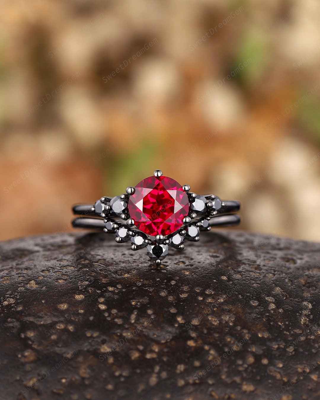 Vintage Black Gold Round Ruby Engagement Ring Set, Black Moissanite ...