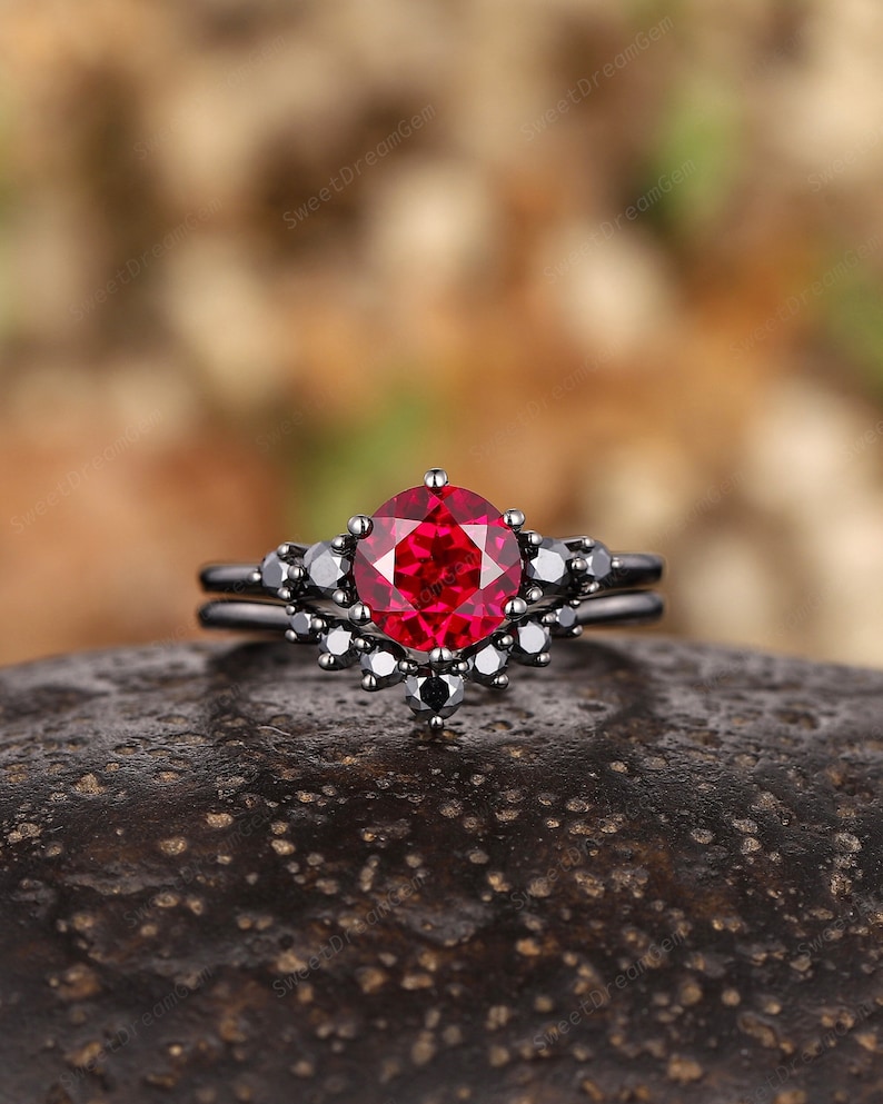 Vintage Black Gold Round Ruby Engagement Ring Set Black - Etsy
