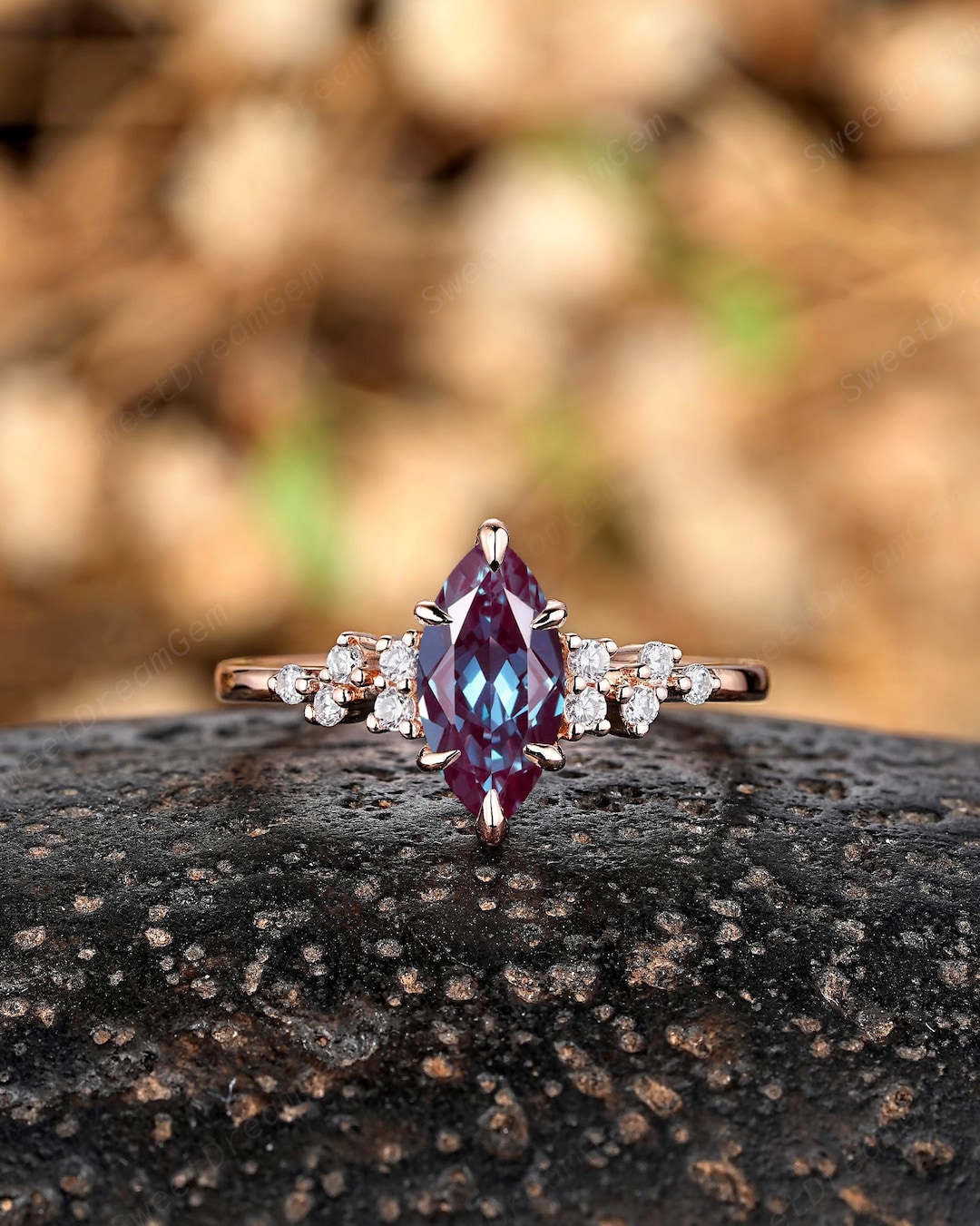 Marquise Cut Alexandrite Engagement Ring 14k Gold Moissanite Cluster ...