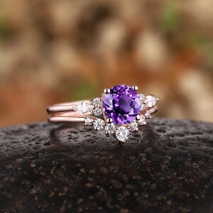 Vintage Round Cut Amethyst Bridal Set, Unique Amethyst Engagement Ring ...
