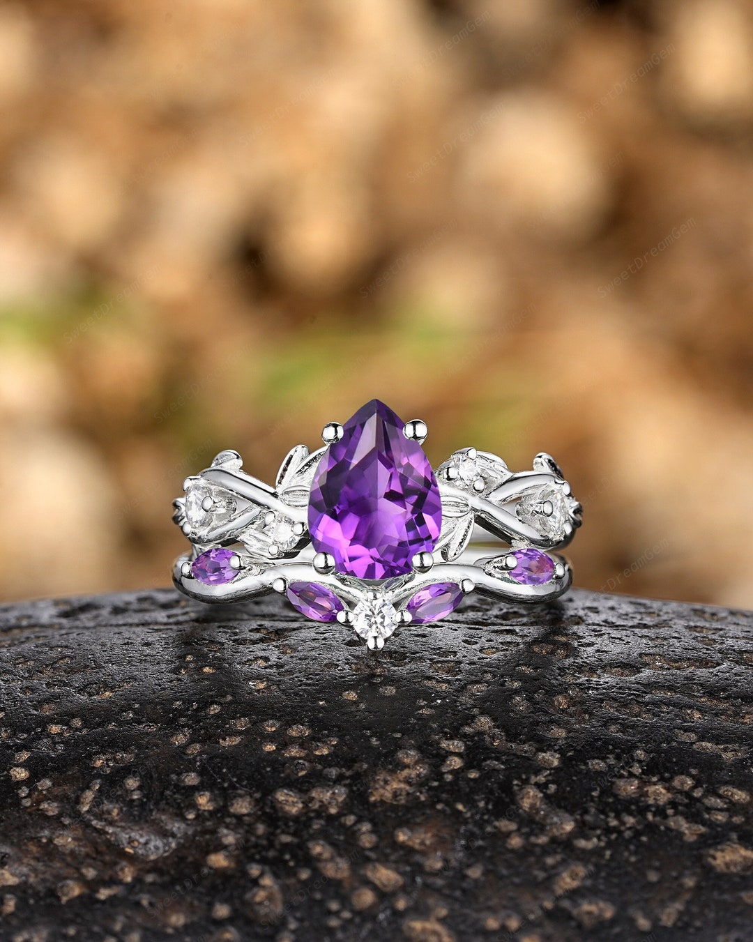 Pear Amethyst Engagement Ring Set White Gold Nature Inspired Leaf ...