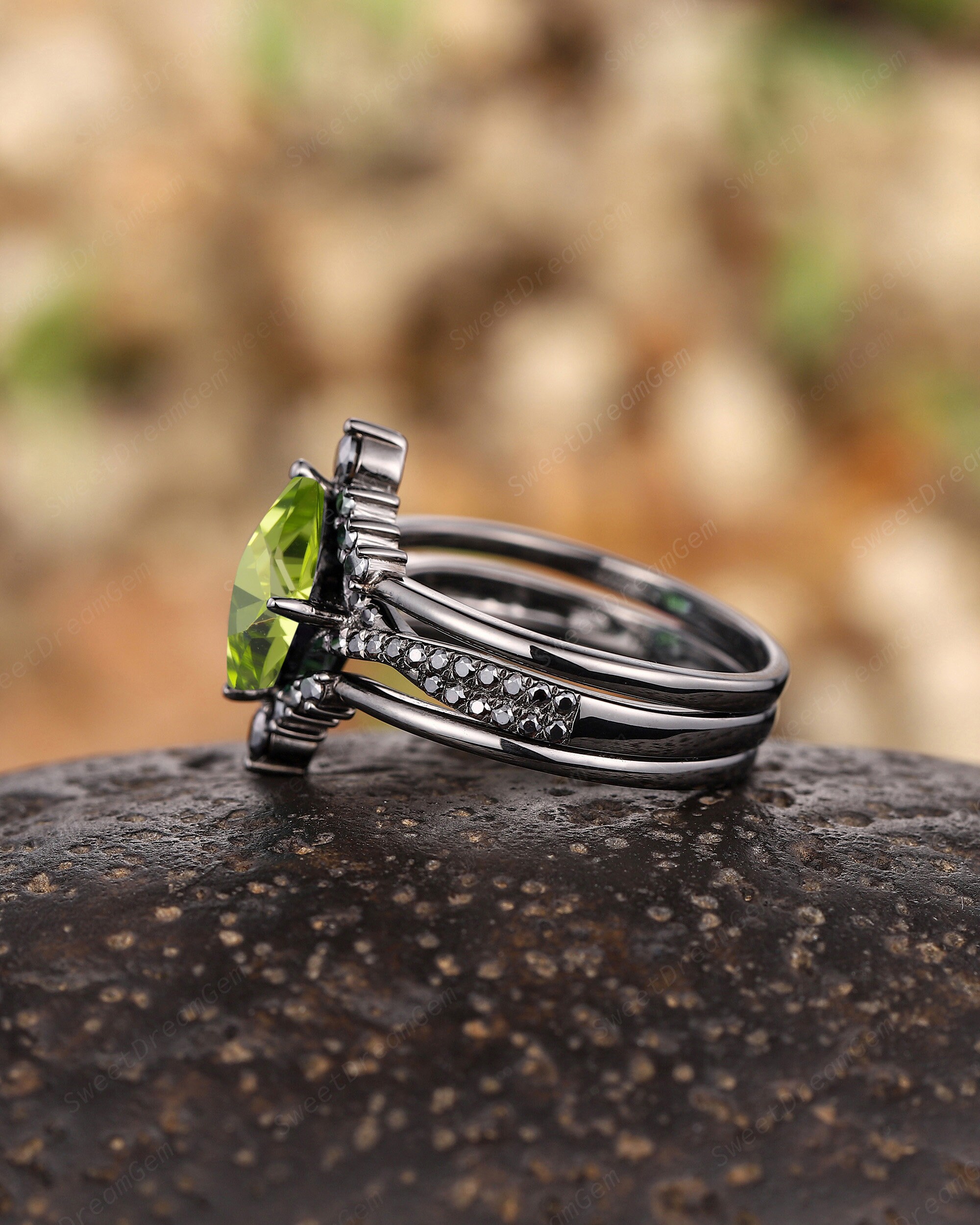 Princess Cut Peridot Engagement Ring Set Minimalist Black Moissanite ...