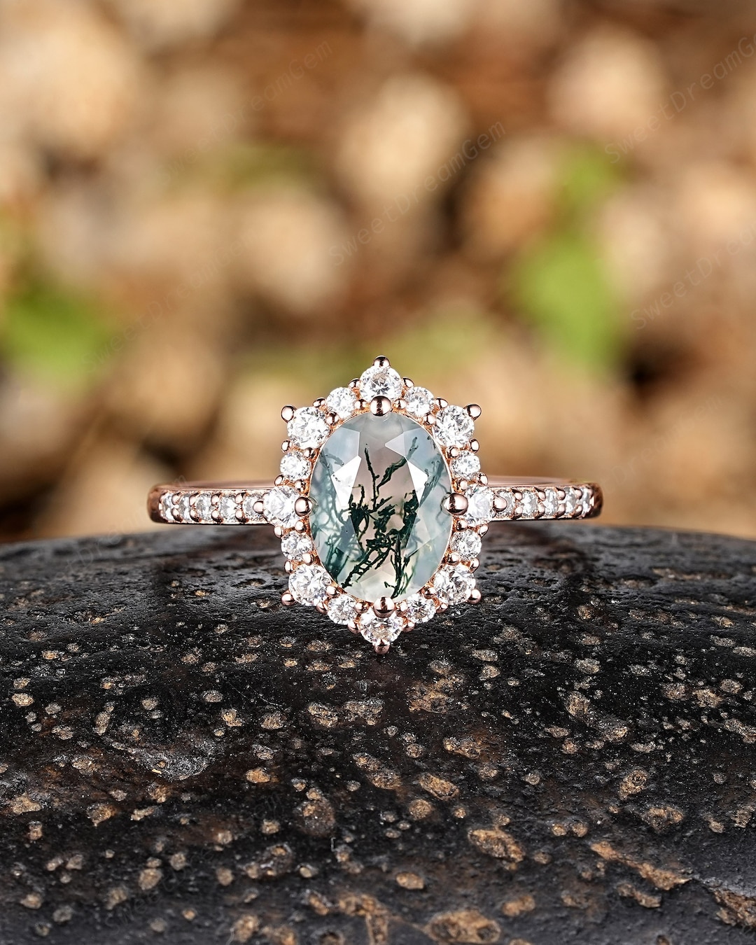 Oval Moss Agate Engagement Ring, Round Moissanite Halo Promise Rings ...