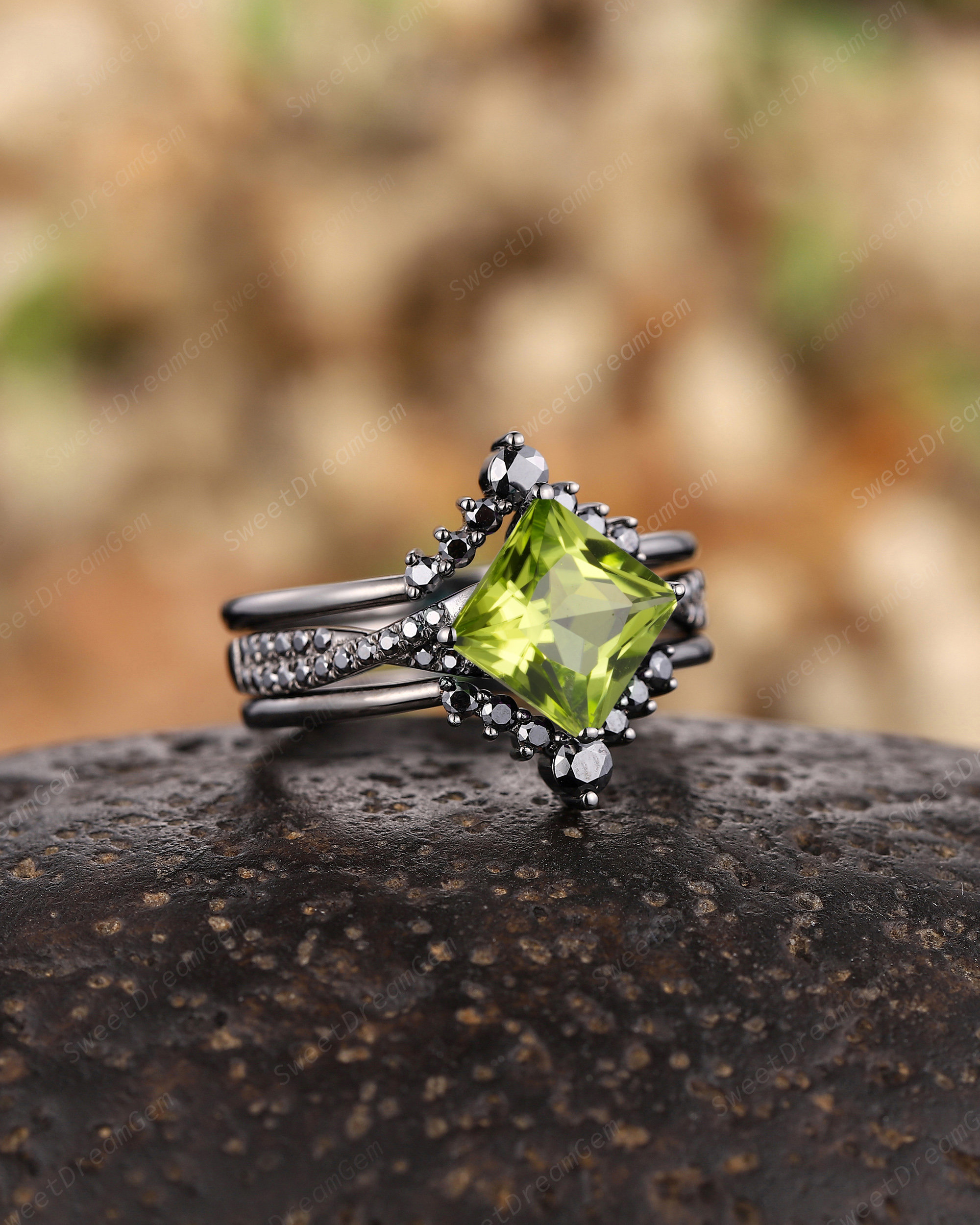 Princess Cut Peridot Engagement Ring Set Minimalist Black Moissanite ...