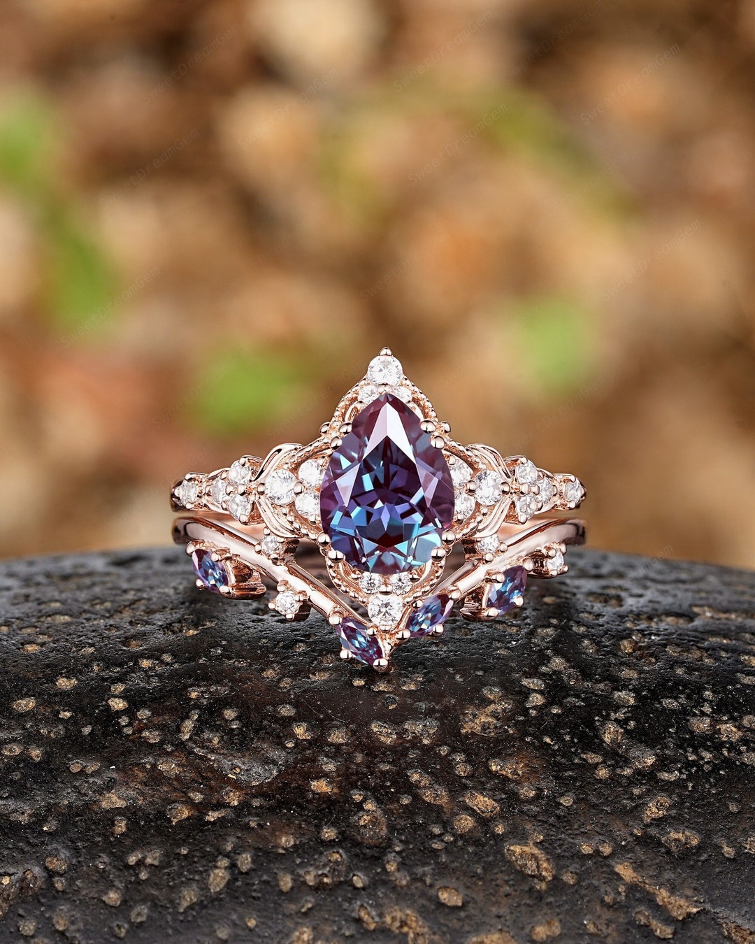 Vintage Pear Alexandrite Engagement Rings Set 14k Gold Cluster ...