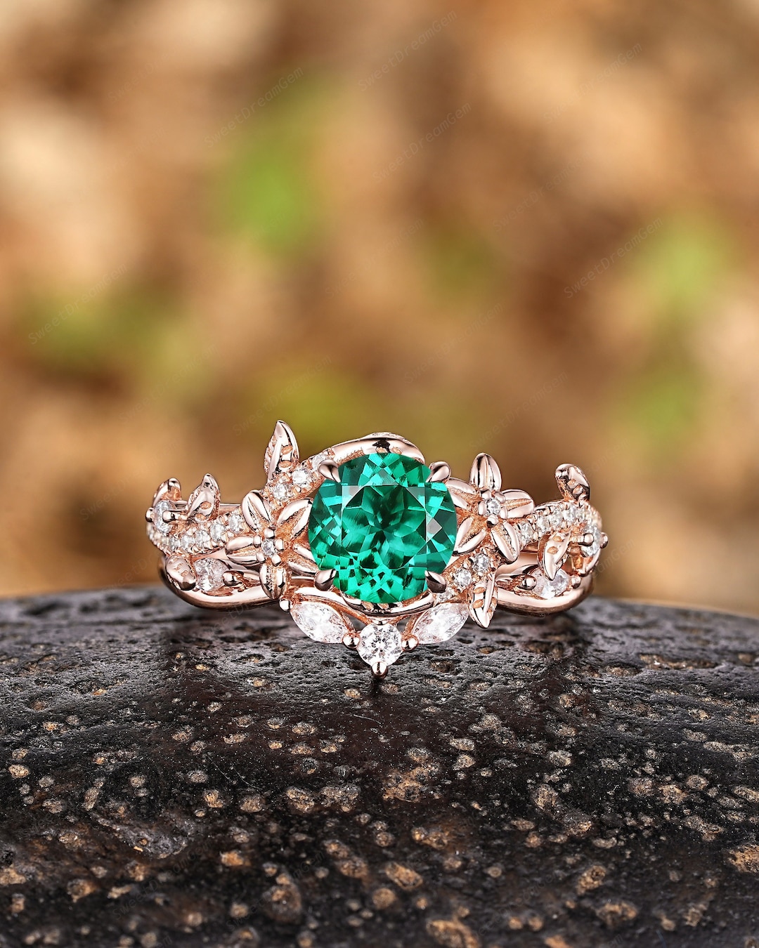 Antique Round Emerald Floral Engagement Ring Set 14k Gold Moissanite ...