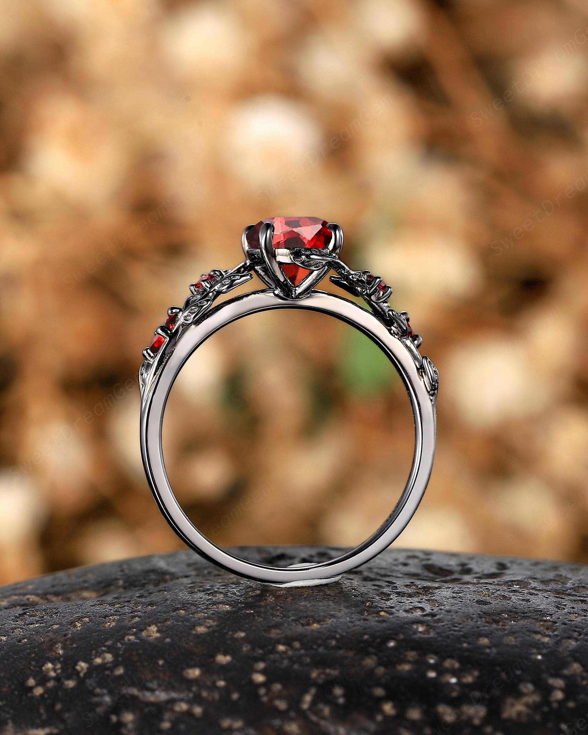 6x8mm Oval Cut Garnet Wedding Ring Set Black Gold Leaf Floral Nature ...