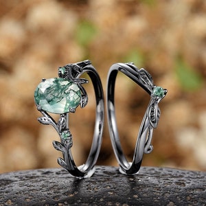 Nature Moss Agate Engagement Ring Set Black Gold Nature Inspired Leaf ...