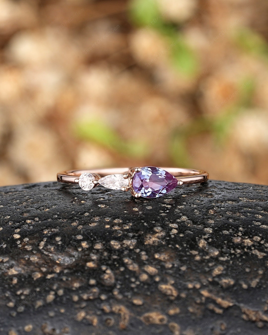 Vintage Pear Alexandrite Engagement Ring, 14k Rose Gold Alexandrite ...