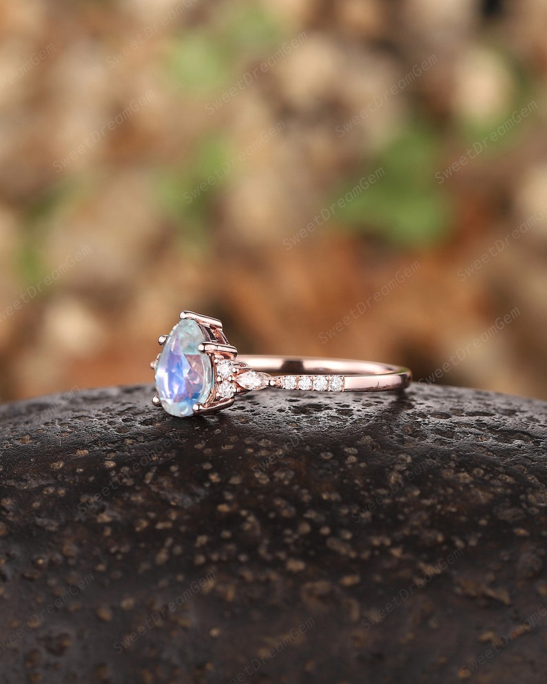 Vintage Pear Moonstone Engagement Ring, Unique 14K Rose Gold Diamond ...