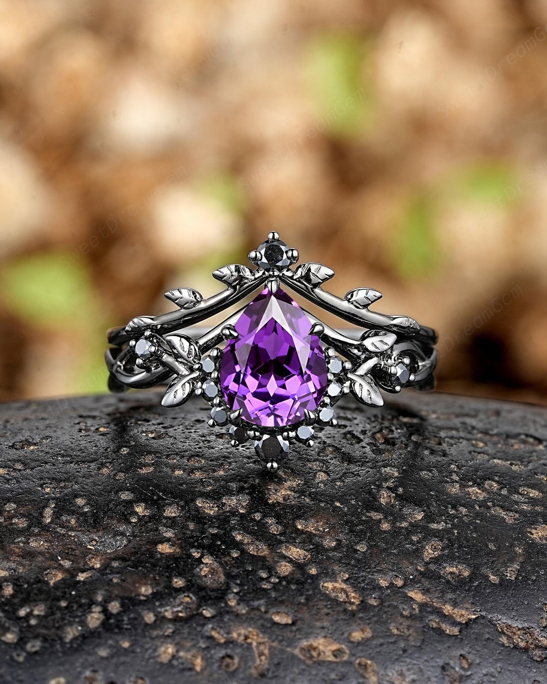 Pear Shape Purple Sapphire Engagement Ring Set, Half Halo Gothic Black ...