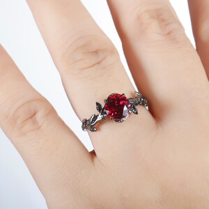 Vintage Black Gold Round Ruby Engagement Ring, Unique Rhodium Black Leaf Ruby Promise Ring ...
