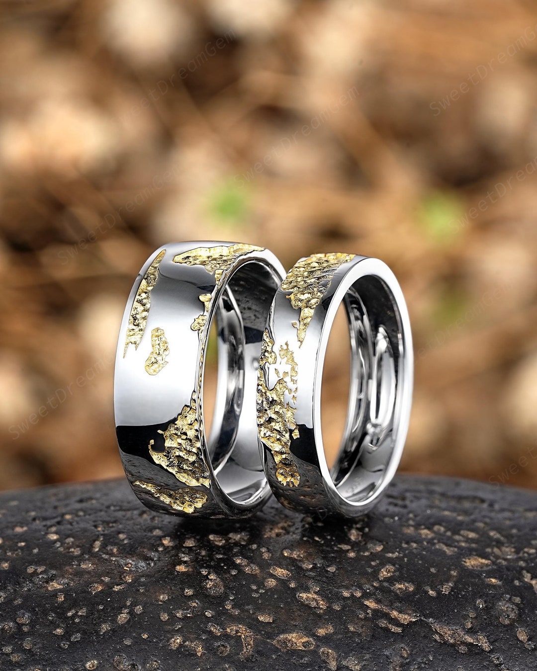 Custom World Map White Gold Couple Ring Set Unique Two Tones Matching ...