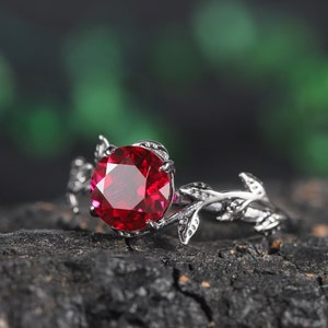 Vintage Black Gold Round Ruby Engagement Ring, Unique Rhodium Black Leaf Ruby Promise Ring ...