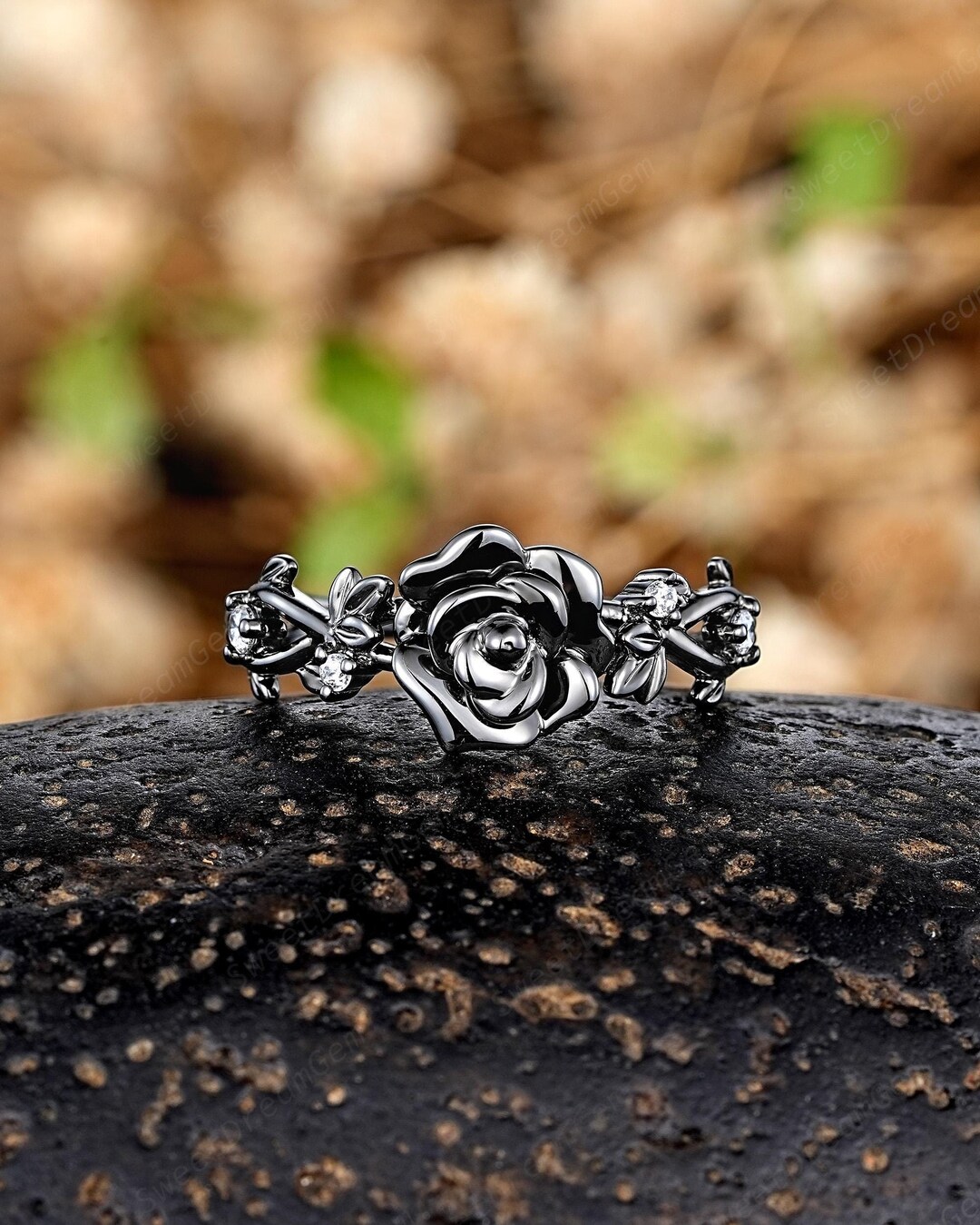 Gothic Black Gold Rose Flower Engagement Ring, Custom Leaf Natural ...