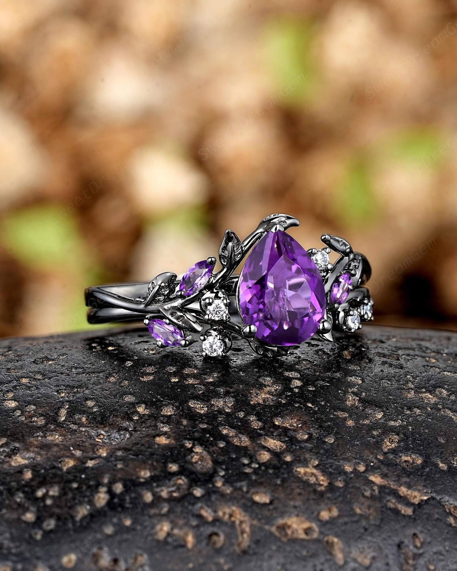Vintage Pear Amethyst Engagement Ring Set, Custom Leaf Nature Inspired ...