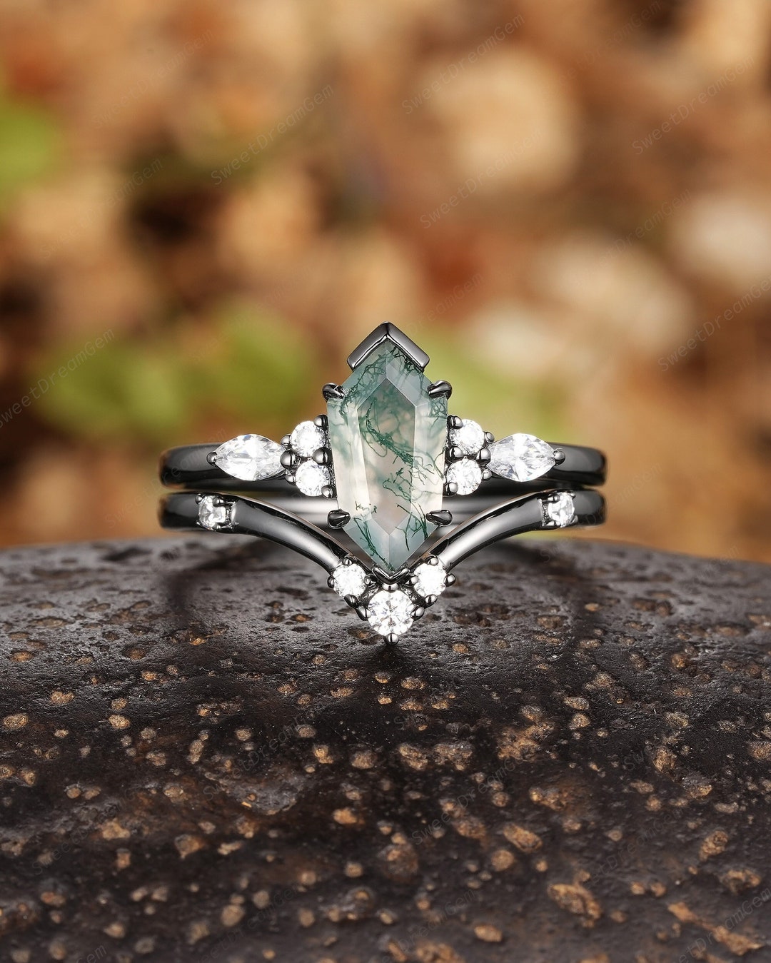 Gothic Shield Shape Moss Agate Engagement Ring Set, Hexagon Rhodium ...