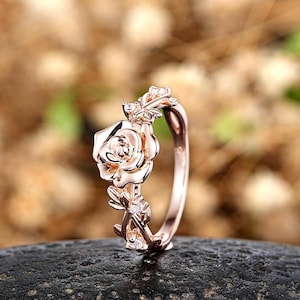 Dainty Rose Flower Engagement Ring, Nature Inspired Leaf Floral Wedding ...