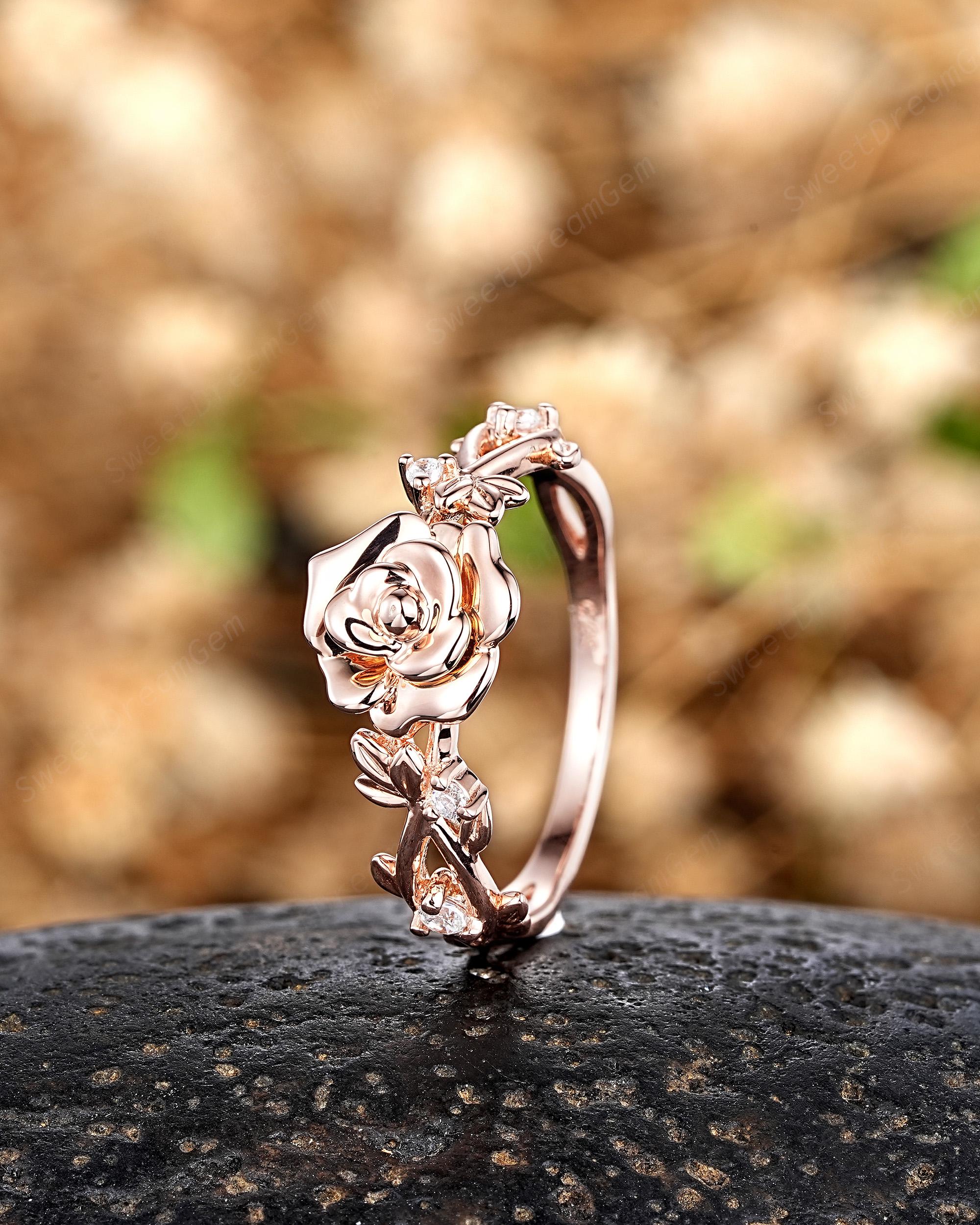 Dainty Rose Flower Engagement Ring, Nature Inspired Leaf Floral Wedding ...