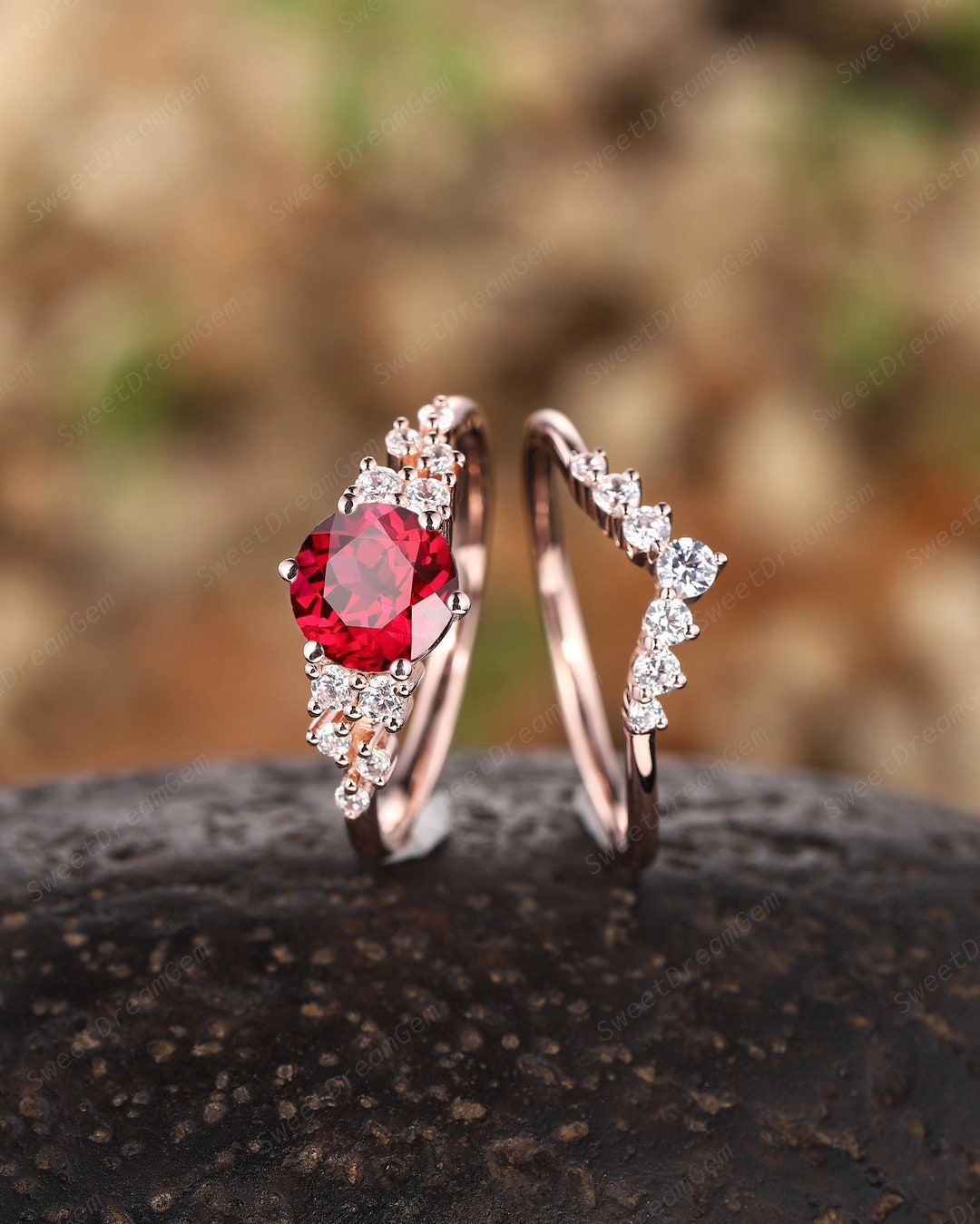 Vintage Round Cut Ruby Engagement Ring Set, Unique 14K Rose Gold Ruby ...