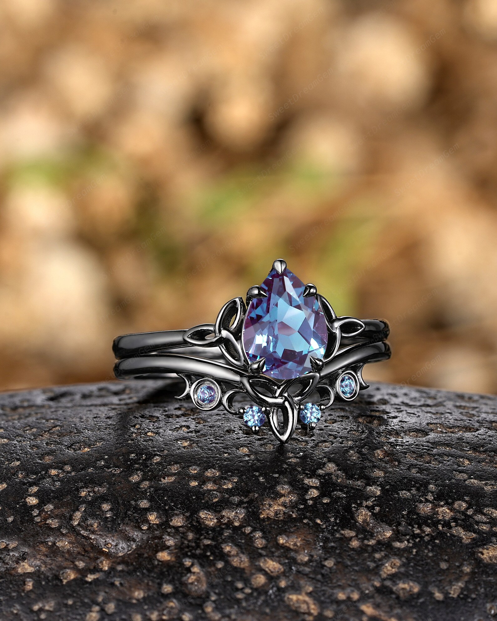 Vintage Pear Alexandrite Engagement Ring Set Solitaire Alexandrite ...