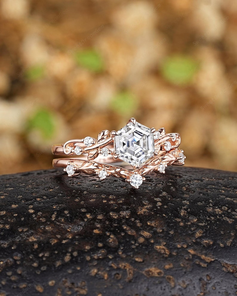 Hexagon Cut Moissanite Engagement Ring Set, Leaf Vine Nature Inspired ...