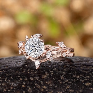 Round Moissanite Engagement Ring Set 14k Rose Gold Leaf Floral Wedding ...