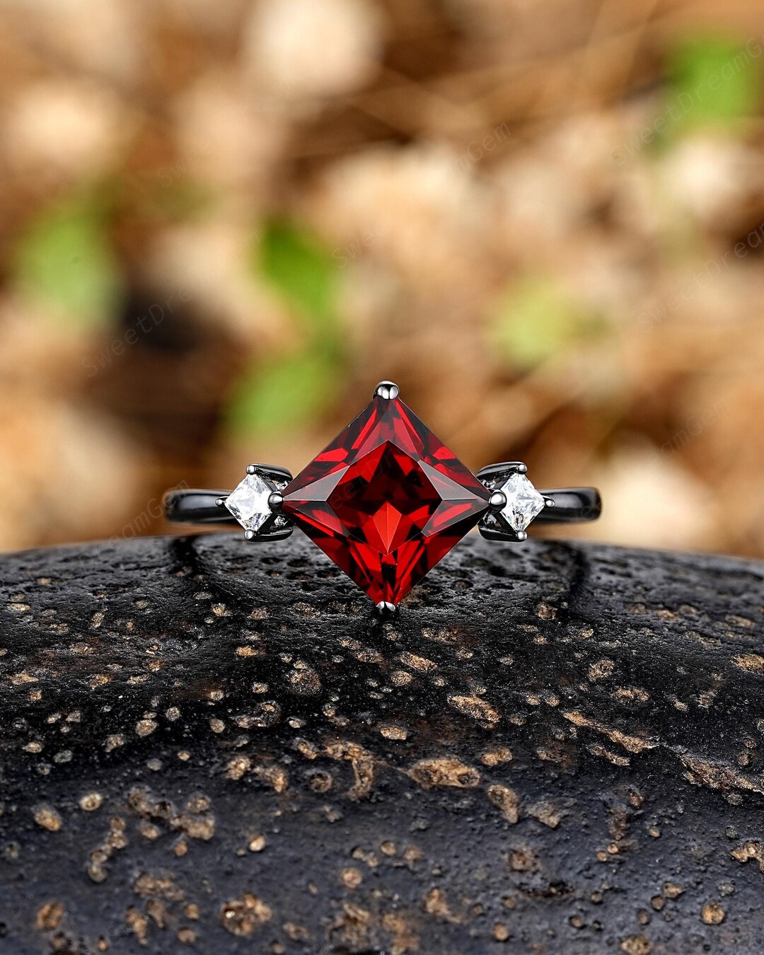 Princess Cut Garnet Engagement Ring, Black Gold Three Stone Wedding ...