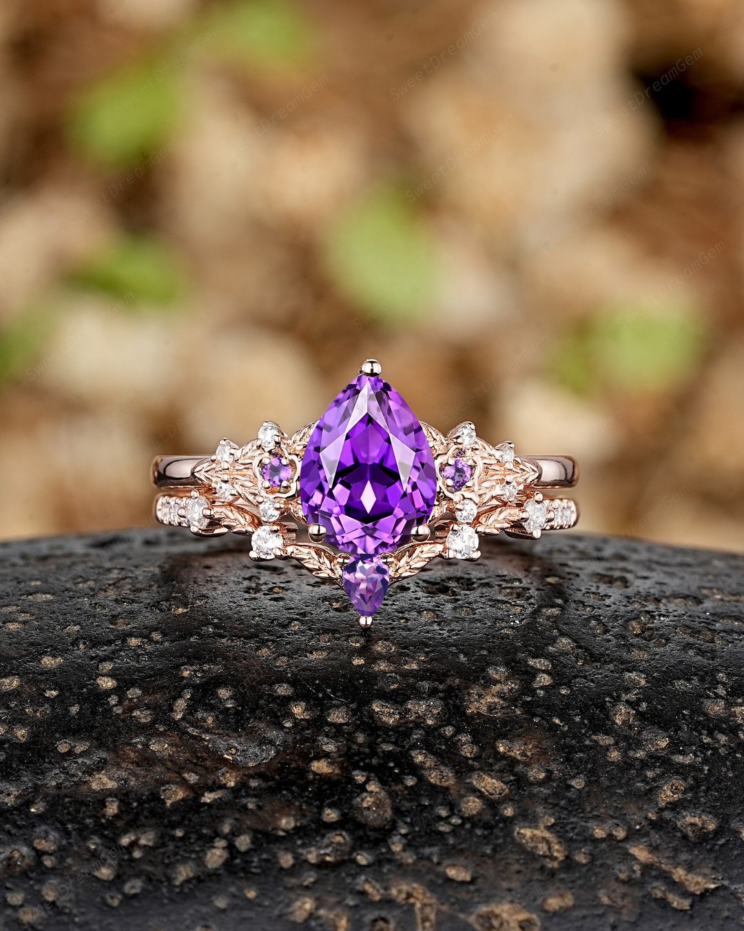 Pear Shaped Purple Sapphire Engagement Ring Set, Leaf Nature Inspired ...