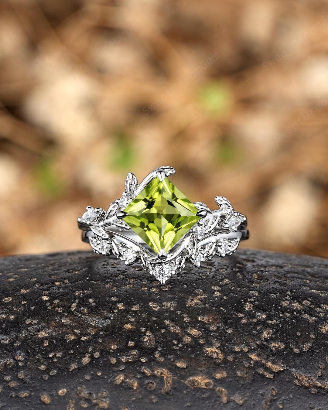 Princess Cut Peridot Engagement Ring Set Custom White Gold Leaf Floral ...
