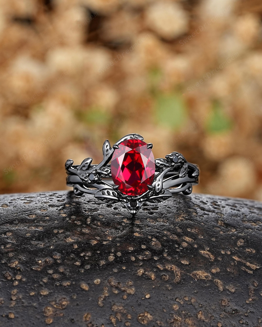Black Gold Oval Ruby Engagement Ring Set Custom Leaf Wedding Rings for ...